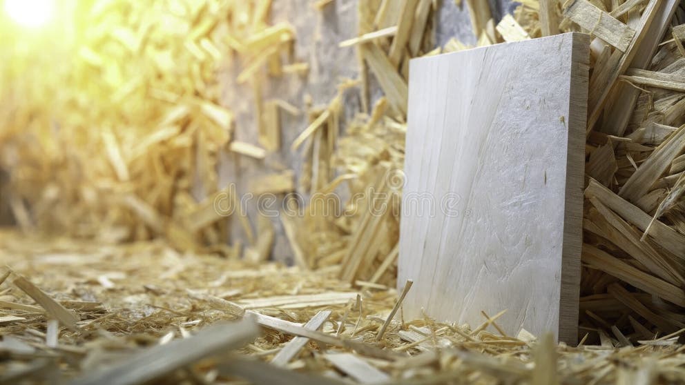 White Oriented Strand Board OSB Panel on a Rustic Sawdust Bed a ...