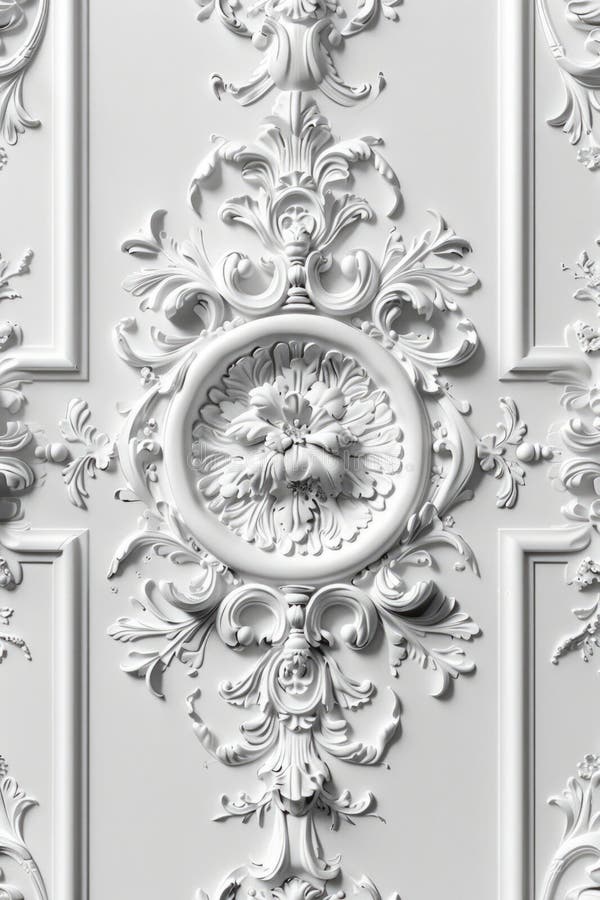 White Ornamental Plasterwork with Floral and Swirl Elements Stock ...