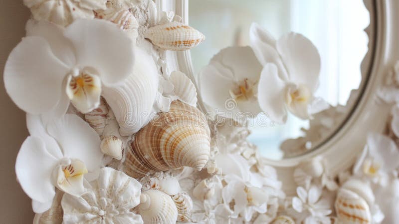 White Ornate Mirror Decorated with Shells and Orchids Stock ...