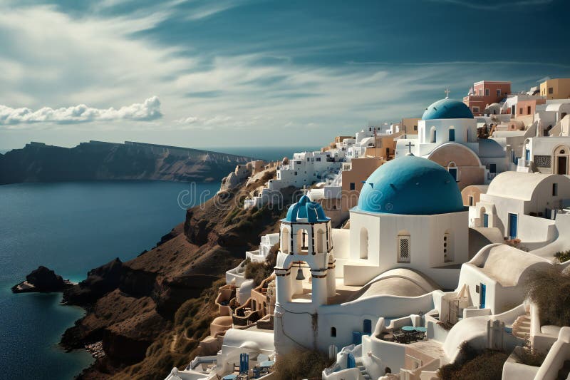 White Orthodox Church and Azure Sea Panorama (AI Generated) Stock ...