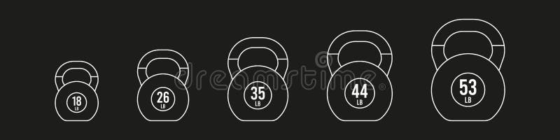 White Outline Icon Set Kettlebells. Different Weights and Sizes: 18, 26 ...