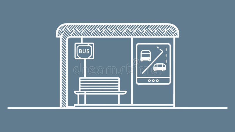 White Outline Illustration of Bus Stop with Bench Isolated on Solid ...