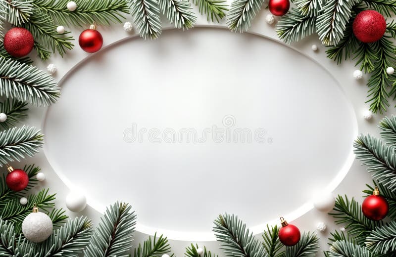 White Oval Frame Decorated with Green Fir Branches and Red and White ...