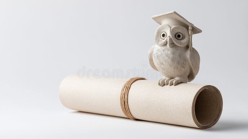 White Owl Figurine Wearing Graduation Cap Perched on Rolled Up Diploma ...