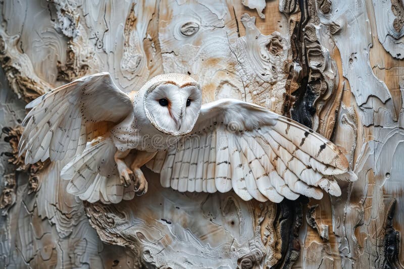 White Owl is Flying Over a Tree Trunk Stock Photo - Image of nature ...