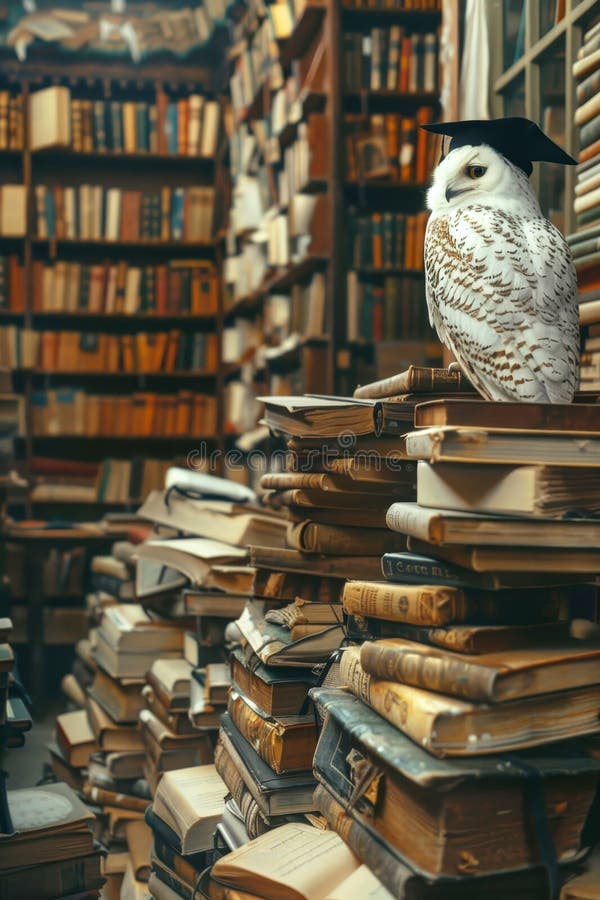 White Owl in Graduation Cap Sitting on Stack of Books in Library for ...