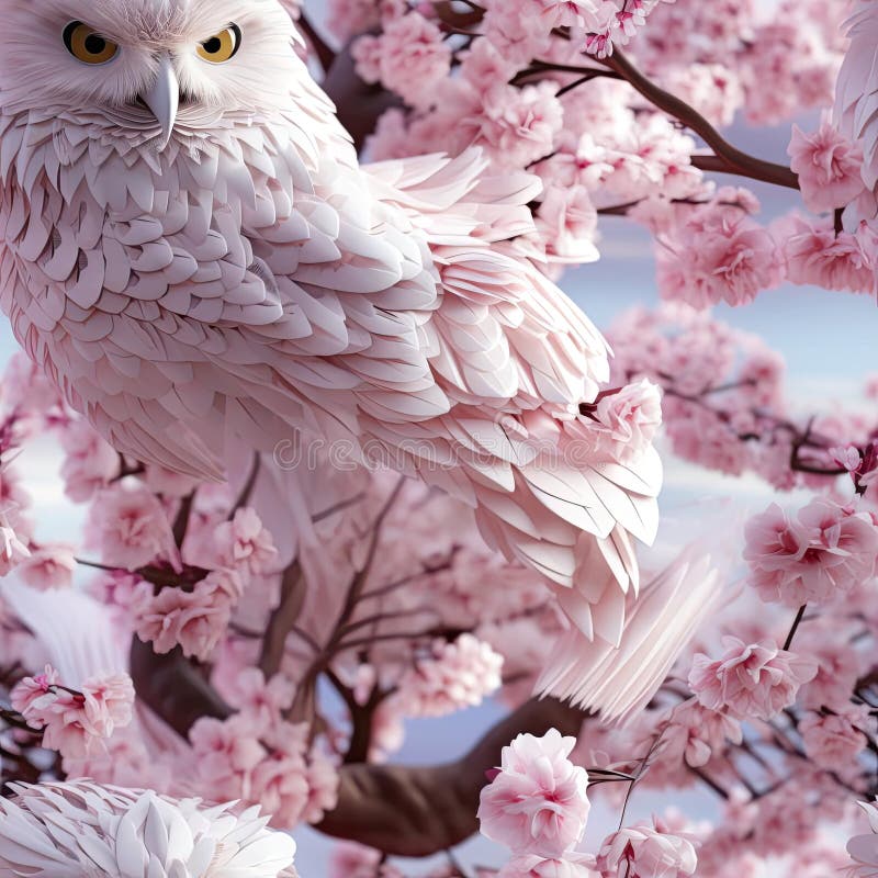 White Owl Perched on Pink Branches, Depicting Realistic Hyper-detailed ... White Owl Perched on Pink Branches, Depicting Realistic Hyper-detailed ...