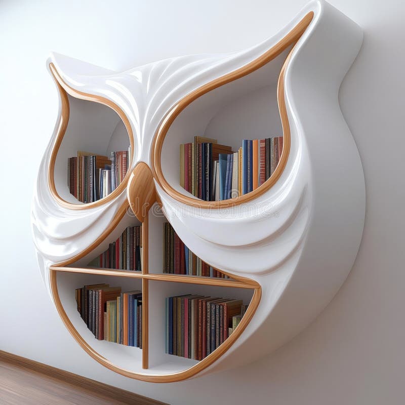 A White Owl Shaped Book Shelf with Books on it, AI Stock Image - Image ...