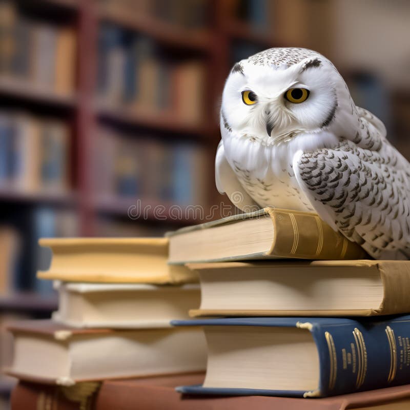 White Owl Sitting on a Stack of Books in a Library Background. AI ...
