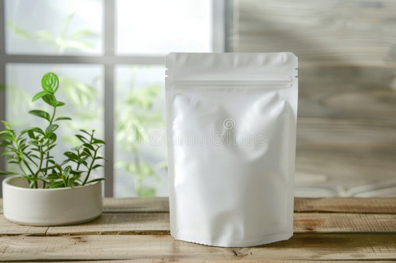 White Packaging Bag Mockup, on a Wooden Table, Top View with Header ...