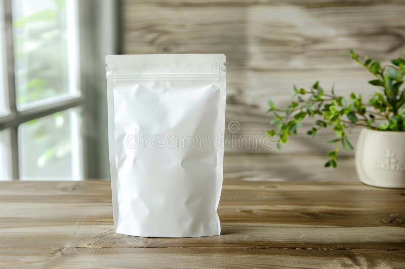 White Packaging Bag Mockup Wooden Table Top View Header Seal Stock ...