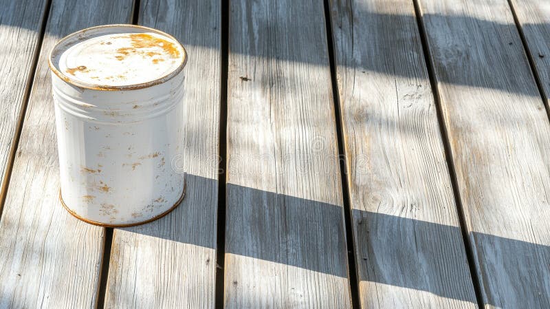 A White Paint Can with a Rusted Top Sits on a Wooden Deck. Stock Photo ...