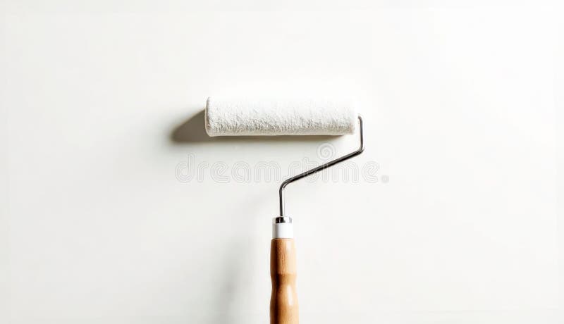 White Paint Roller on Plain Background with Wooden Handle for Home ...