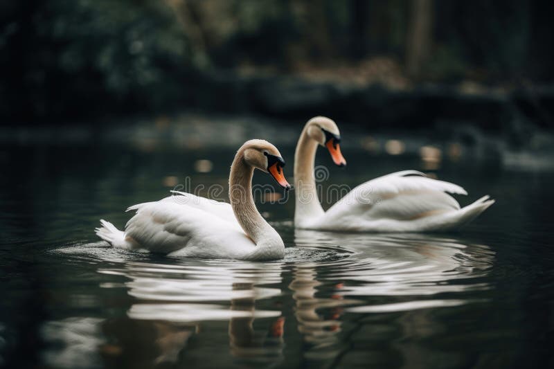 White Pair of Swans in Love on the Water Generative Ai Stock Photo ...