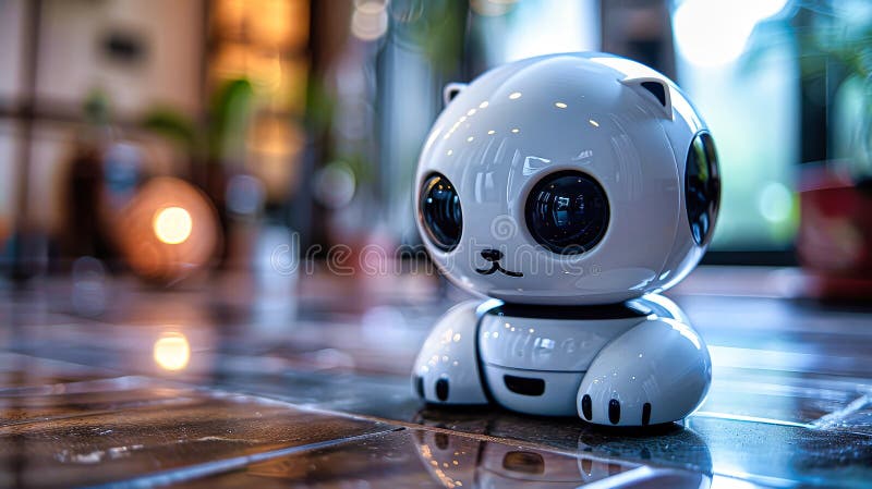 A White Panda-Shaped Robot Sits on a Table in a Cozy Cafe Stock Image ...