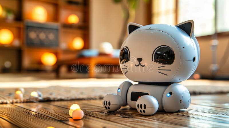 A White Panda-Shaped Robot Sits on a Table in a Cozy Cafe Stock Image ...