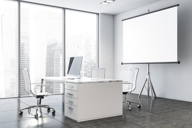 White Panoramic CEO Office with Projection Screen Stock Illustration ...