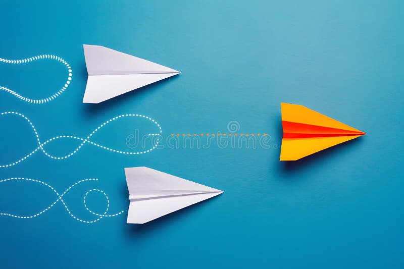 White Paper Airplanes on Wavy Paths Orange Plane Straight on Blue Stock ... White Paper Airplanes on Wavy Paths Orange Plane Straight on Blue Stock ...