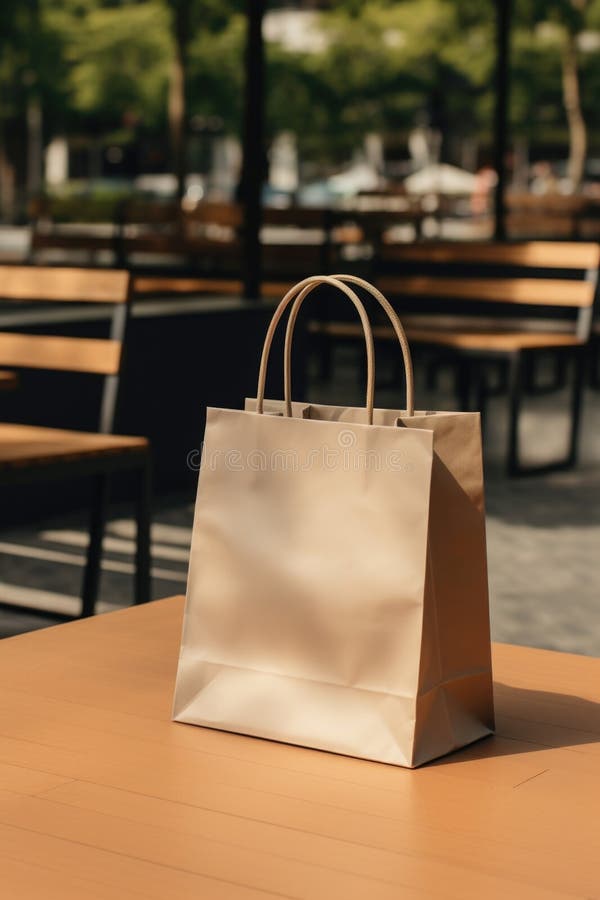 A White Paper Bag Sits on a Table in Front of a Wooden Bench. the Bag ...