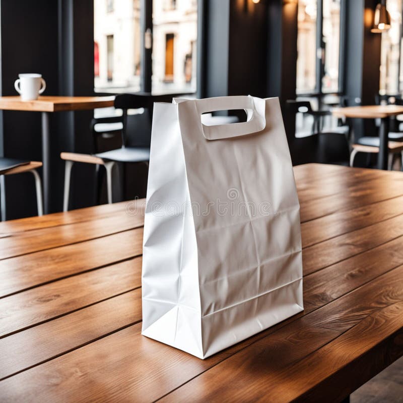 White Paper Bag on Wooden Table in Cafe. Mockup for Design Stock ...