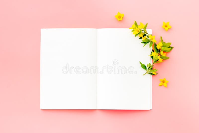 White Paper Blank with Yellow Spring Flowers, Overhead View Stock Photo ...
