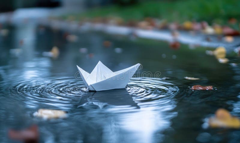 A White Paper Boat is Floating in a Puddle of Water Stock Photo - Image ...