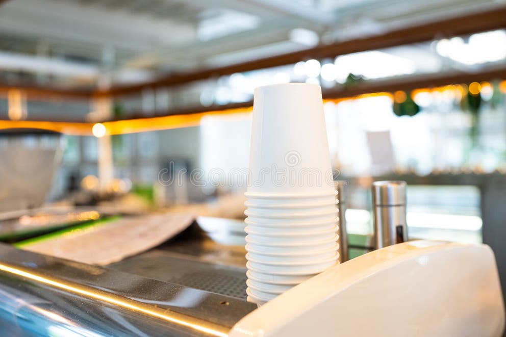 White Paper Cup Stack on Coffee Maker Stock Photo - Image of marketing ...