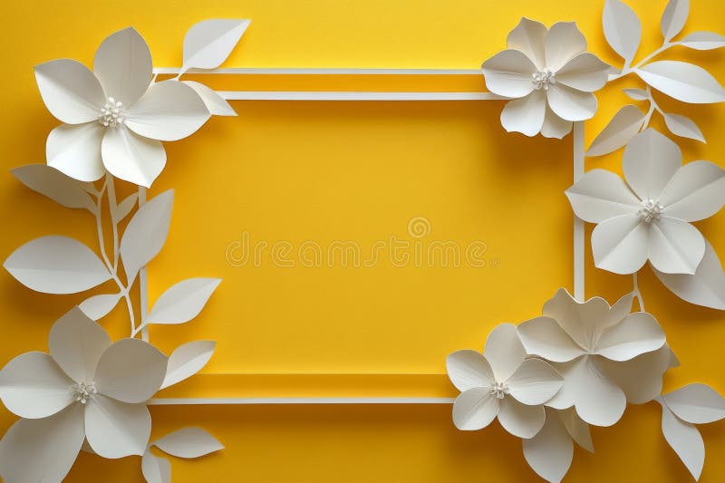 ?White Paper Flowers and Leaves Creating a Rectangular Frame on Yellow ...
