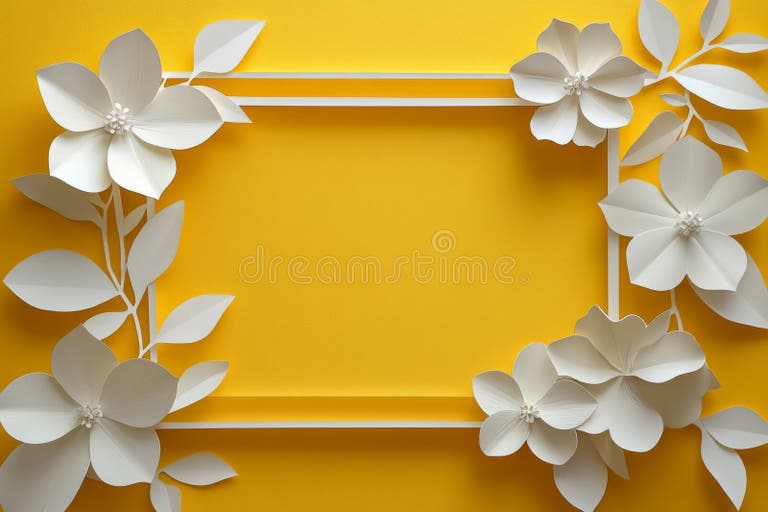 ?White Paper Flowers and Leaves Creating a Rectangular Frame on Yellow ...