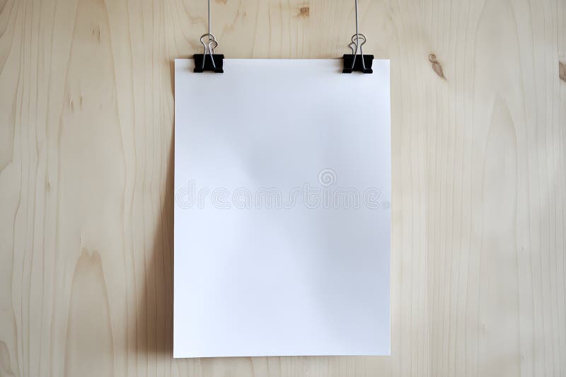 White Paper Hangs Vertically on Wooden Surface, Secured by Black Binder ...