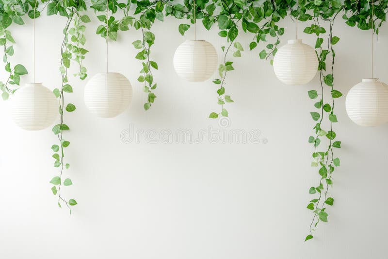 White Paper Lanterns Hanging on a White Wall with Hanging Vines ...