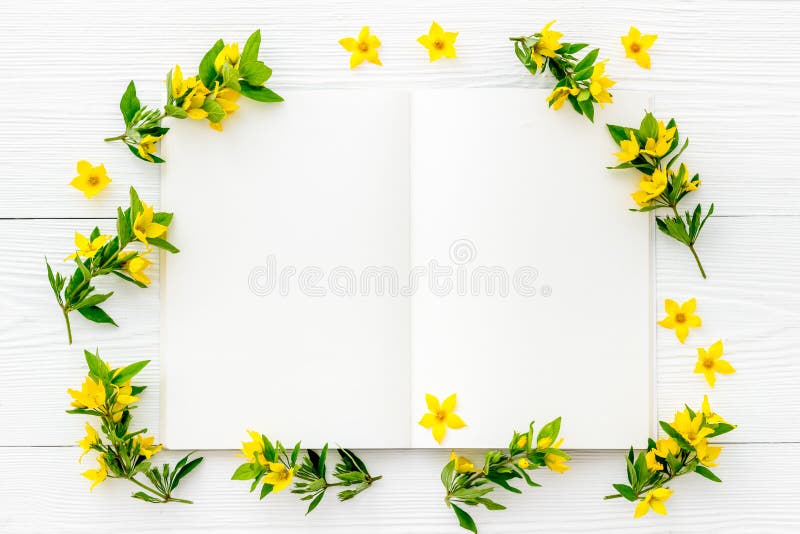 White Paper Mock Up with Yellow Flowers, View from Above Stock Photo ...