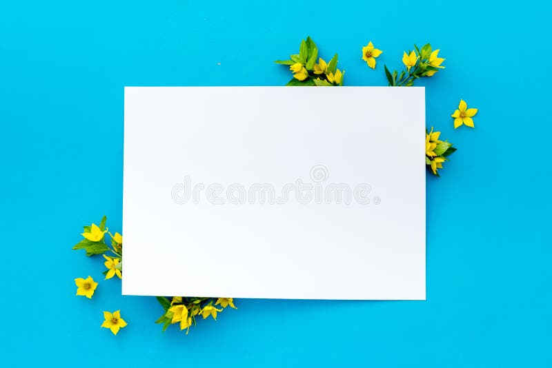 White Paper Mock Up with Yellow Flowers, View from Above Stock Image ...