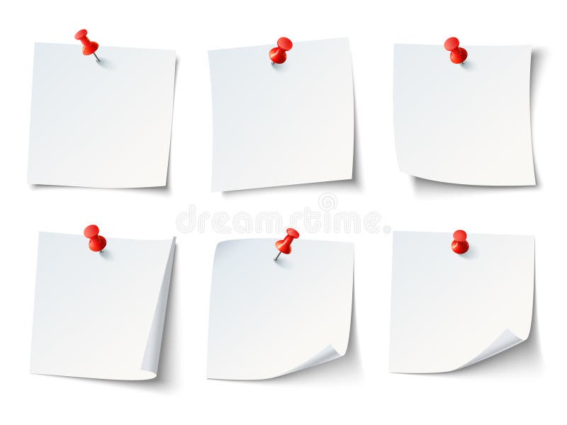 White Paper Notes on Red Thumbtack. Top View Note Sticker with Pins ...