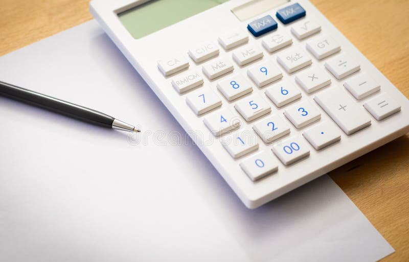 White Paper Sheet with Calculator and Pen Stock Image - Image of wood ...