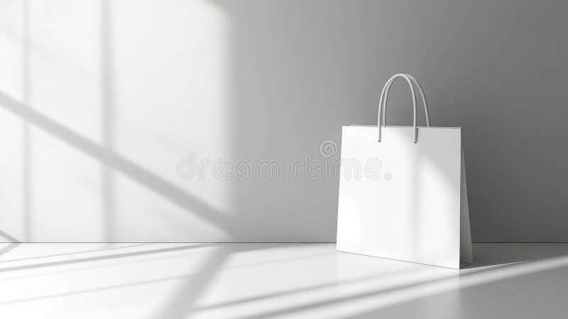 White Paper Shopping Bag on White Surface with Light and Shadow in ...