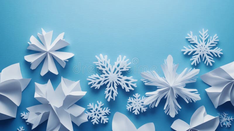 White Paper Snowflakes on Light Blue Background Stock Illustration ...