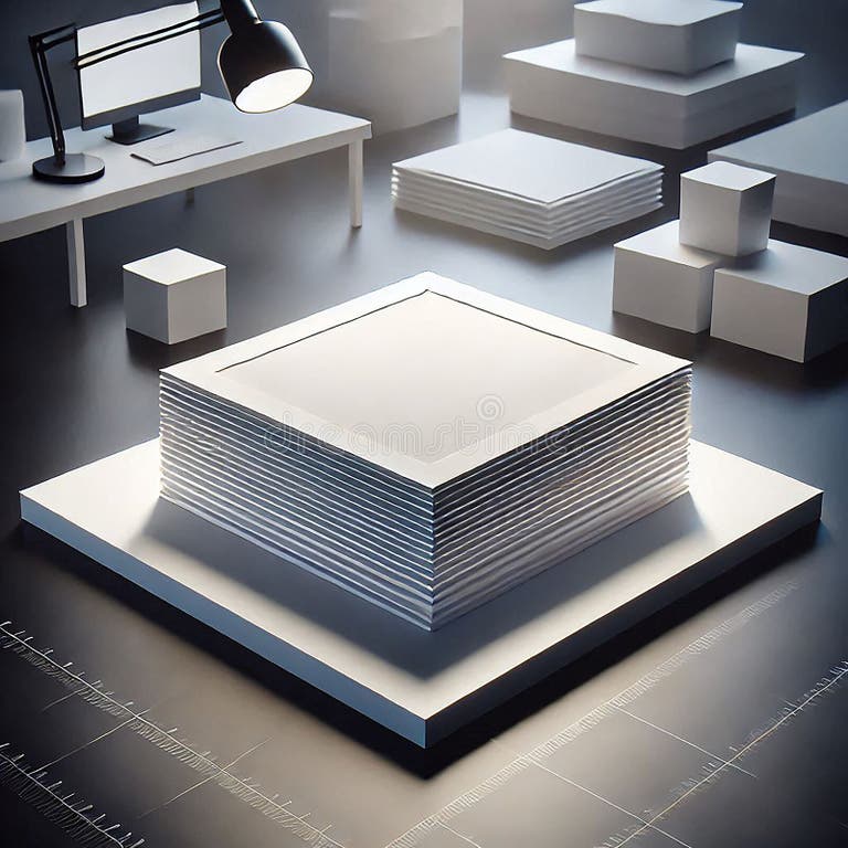 White Paper Stacks on Sleek Black Tabletop Stock Illustration ...