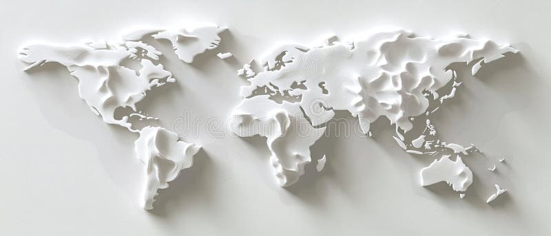 White Papercut World Map with 3D Relief Effect Stock Illustration ...