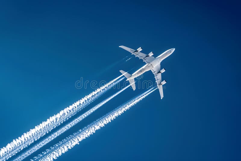 White Passenger Airplane Flying in Blue Sky, High Angle View Stock ...