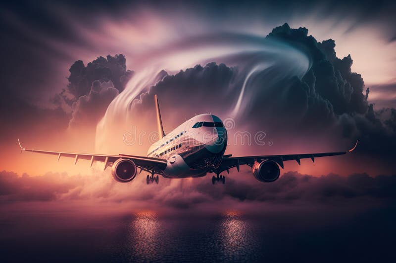 White Passenger Plane Climbs through through a Cloudy Sky at Sunset ...