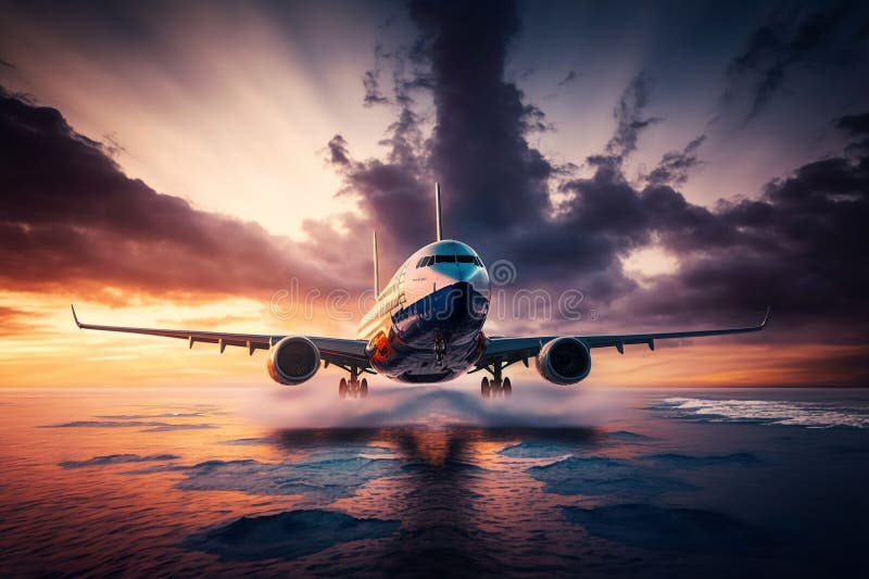 White Passenger Plane Climbs through through a Cloudy Sky at Sunset ...
