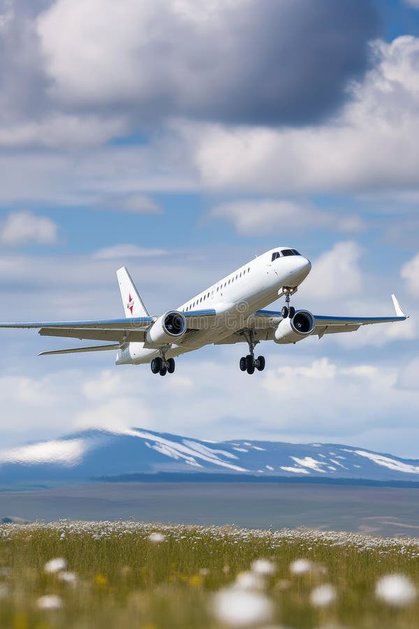 White Passenger Plane Taking Off Against a Dramatic Cloudscape and Snow ...