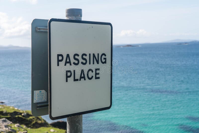 White Passing Place Sign by Sea in Scottish Highlands Stock Image ...