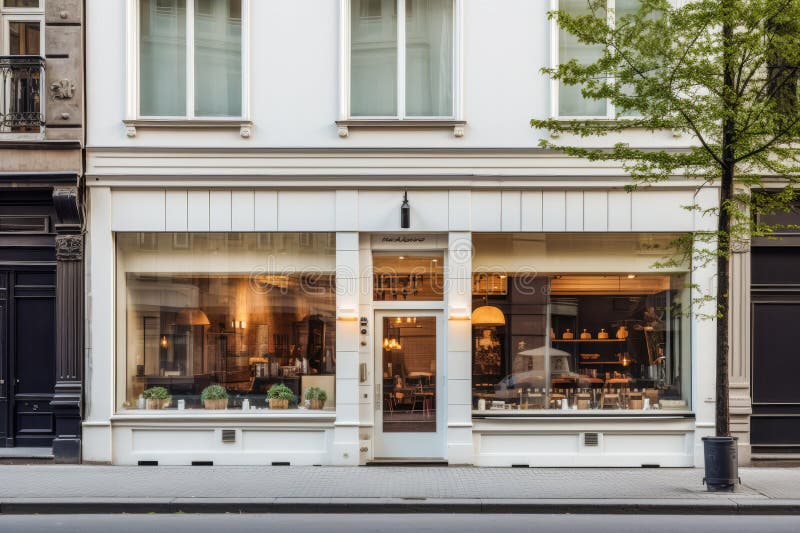 White Pastry Shop Cafe Facade with Large Window Showcasing Interior ...