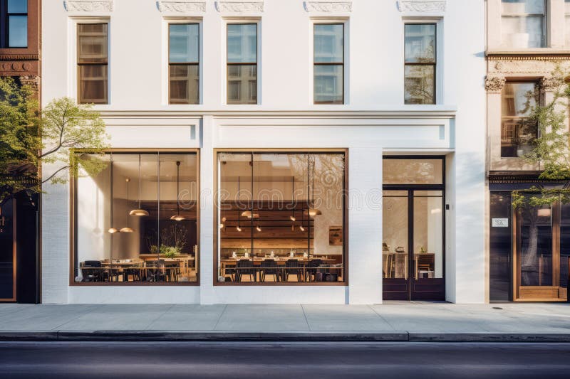 White Pastry Shop Cafe Facade with Large Window Showcasing Interior ...