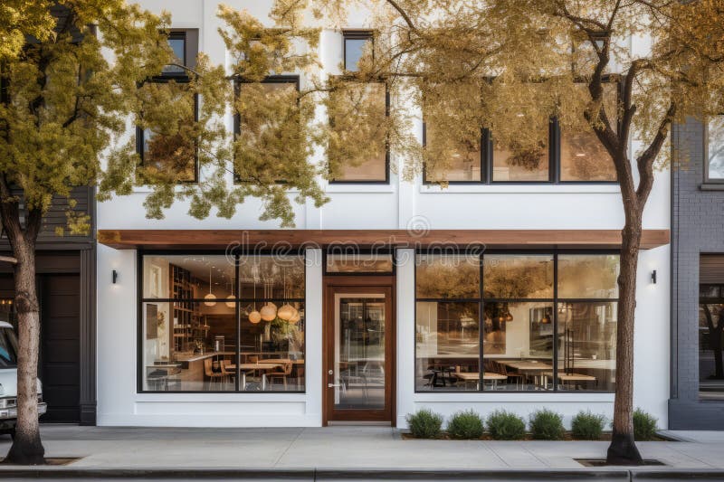 White Pastry Shop Cafe Facade with Large Window Showcasing Interior ...