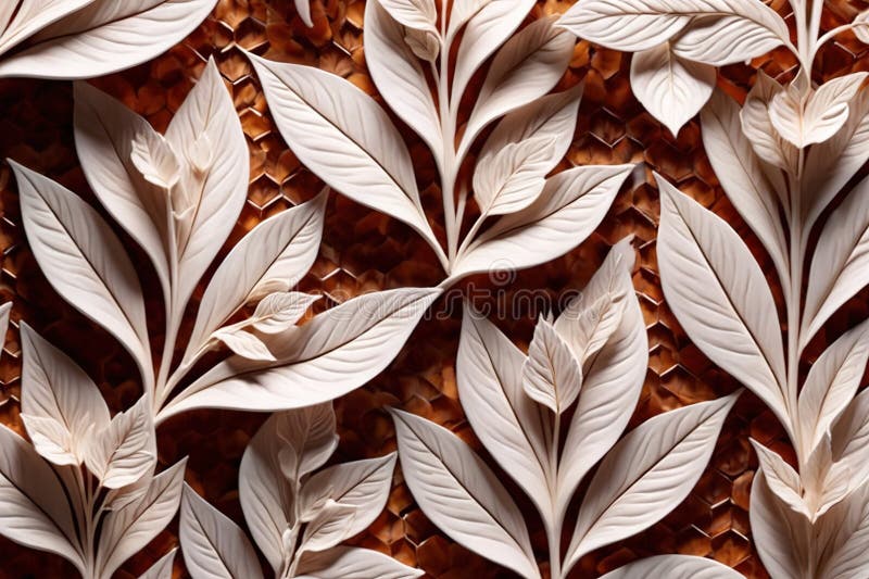 White Pattern of Raised Floral Leaf Organic Shapes, 3d Bas Relief Plaster Surface Background ...