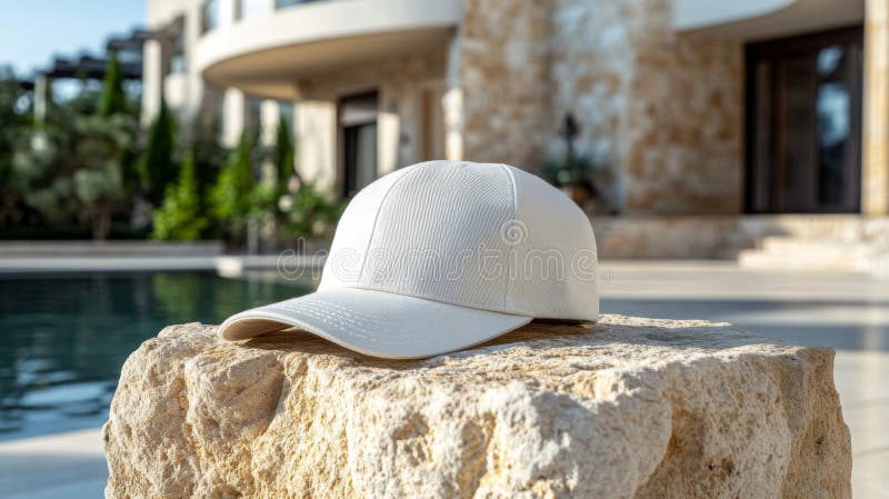 White Patterned Cap Displayed on Textured Stone with Mediterranean ...