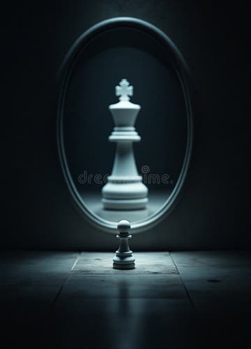 White Pawn Standing Looking in Mirror Seeing King Reflection Stock ...